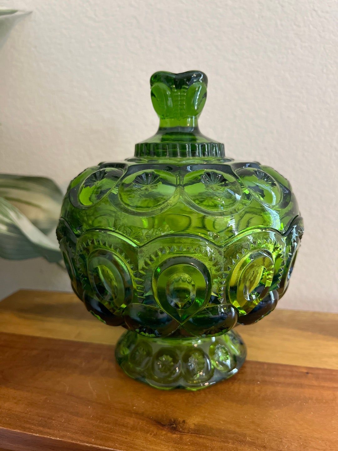 Vintage L.E. Smith Moon & Stars Green Glass Footed Candy Dish 8 - Etsy