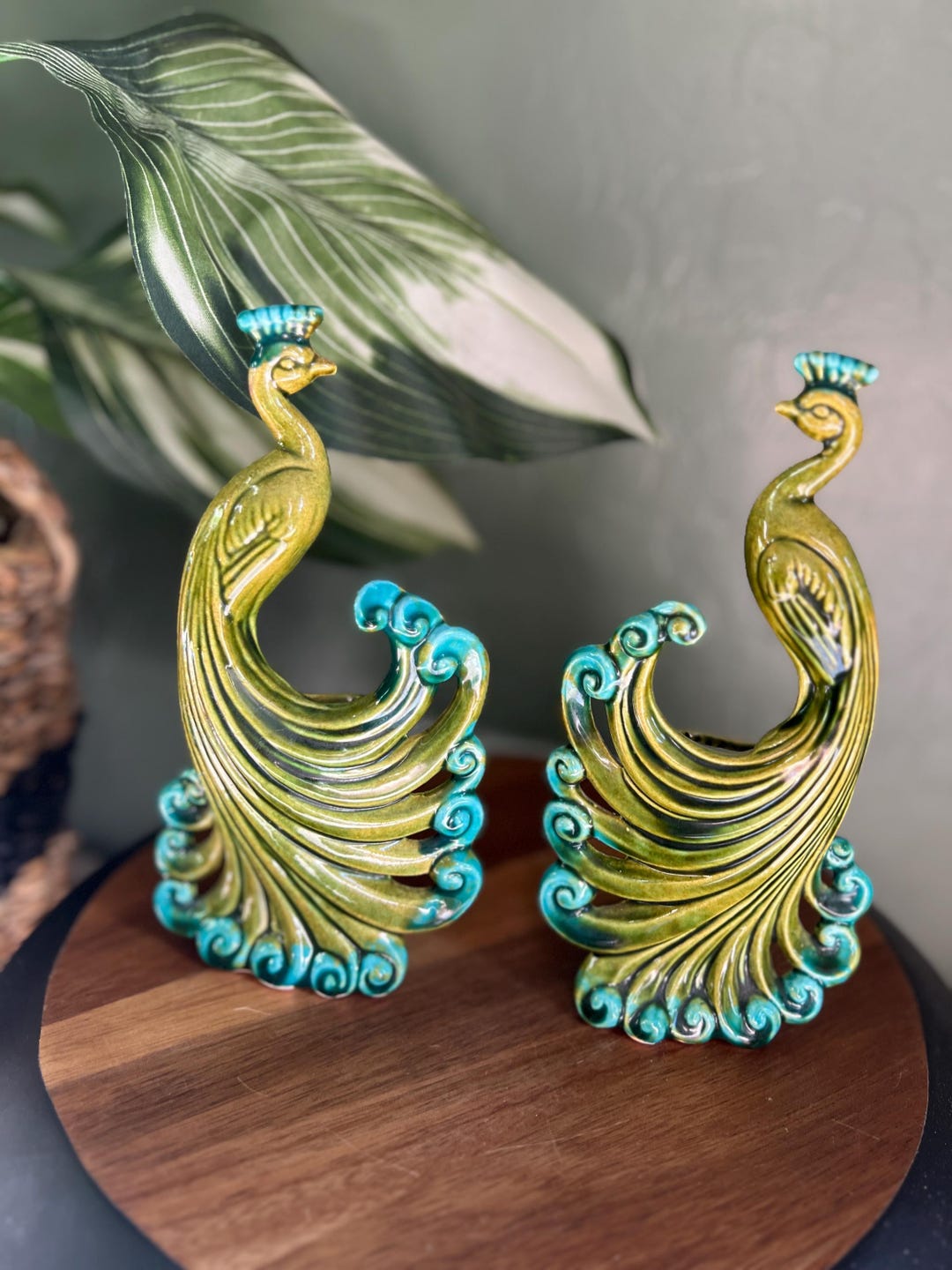 Mid Century Ceramic Peacocks Wall Pockets Green Blue Drip Glaze - Etsy