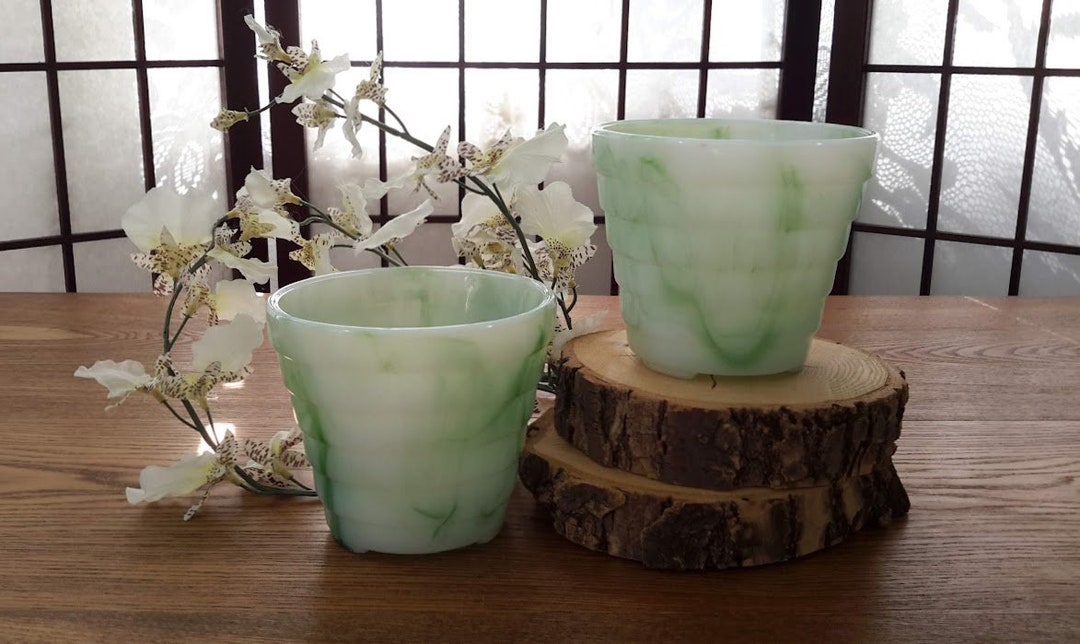 Rare Pair of Jadeite Green and White Slag Glass Akro Agate Small Flower ...