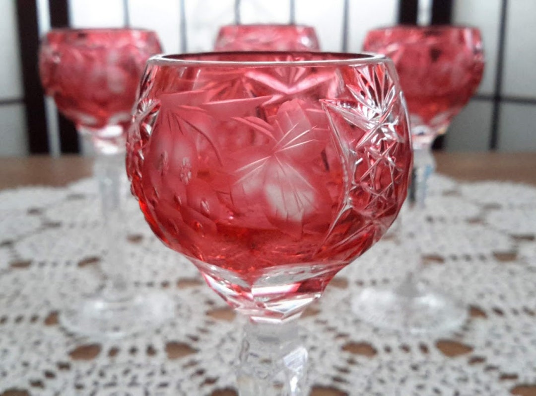 Set of Four Vintage ''marsala'' Ajka Crystal Hungary Cranberry Cut to ...