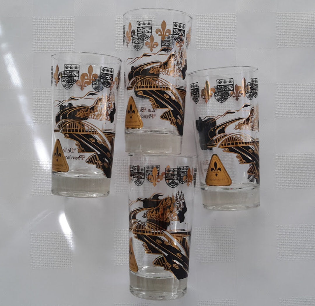 Vintage Dominion Glass Set of 4 Souvenir Black and Gold Tumblers ''la ...