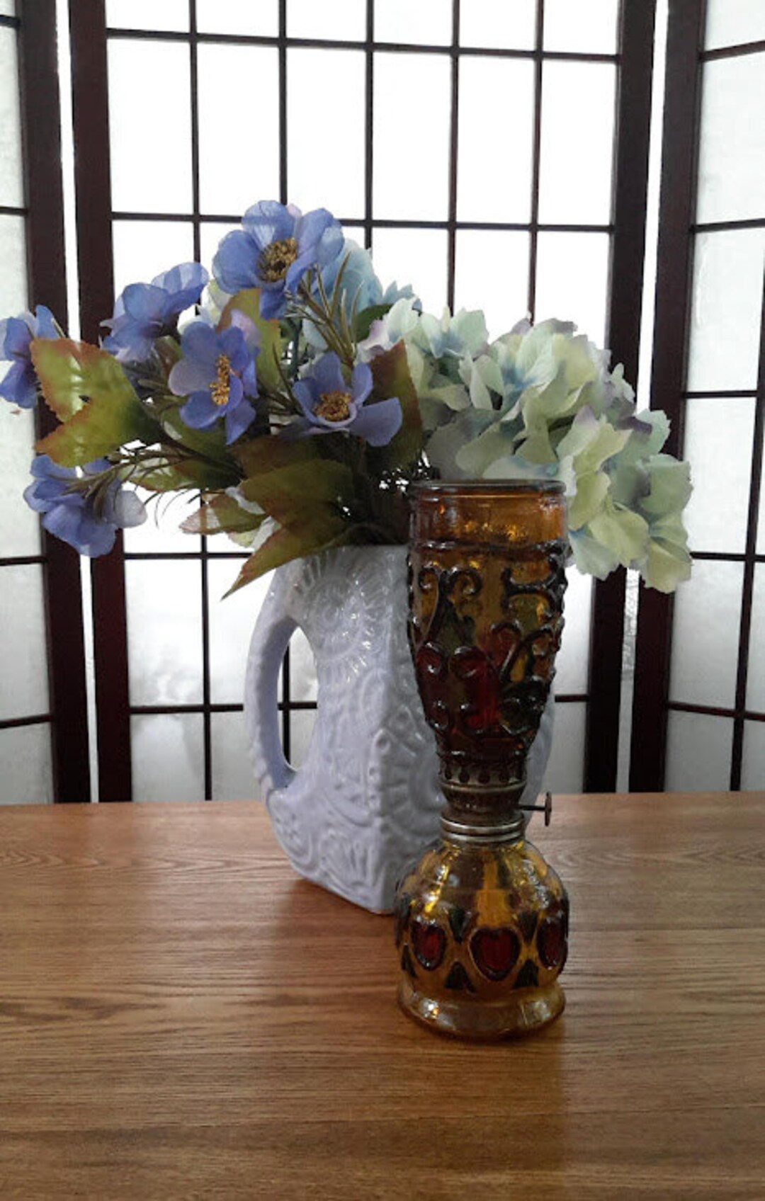 Vintage Miniature Amber Glass Oil Lamp With Faux Stained Glass Design ...