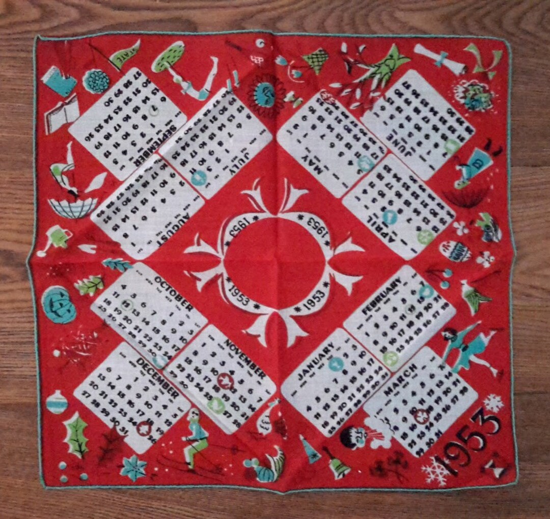 Vintage Cotton 1953 Calendar Souvenir Red Square Handkerchief Hanky ...