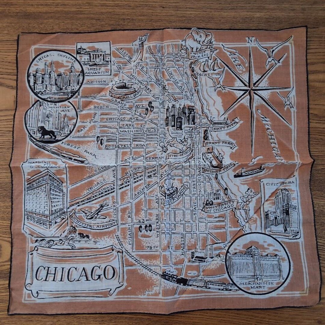 Vintage ''city of Chicago'' 1950s Souvenir Square Cotton Handkerchief ...