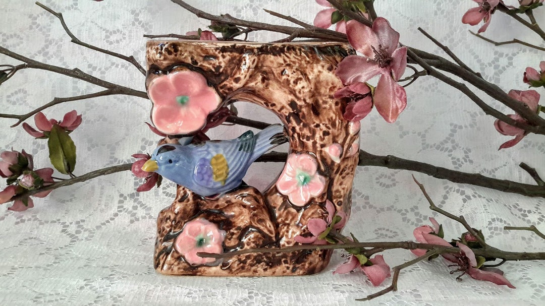 Vintage Made in Japan Blue Bird in Brown Tree With Pink Flowers Ceramic ...