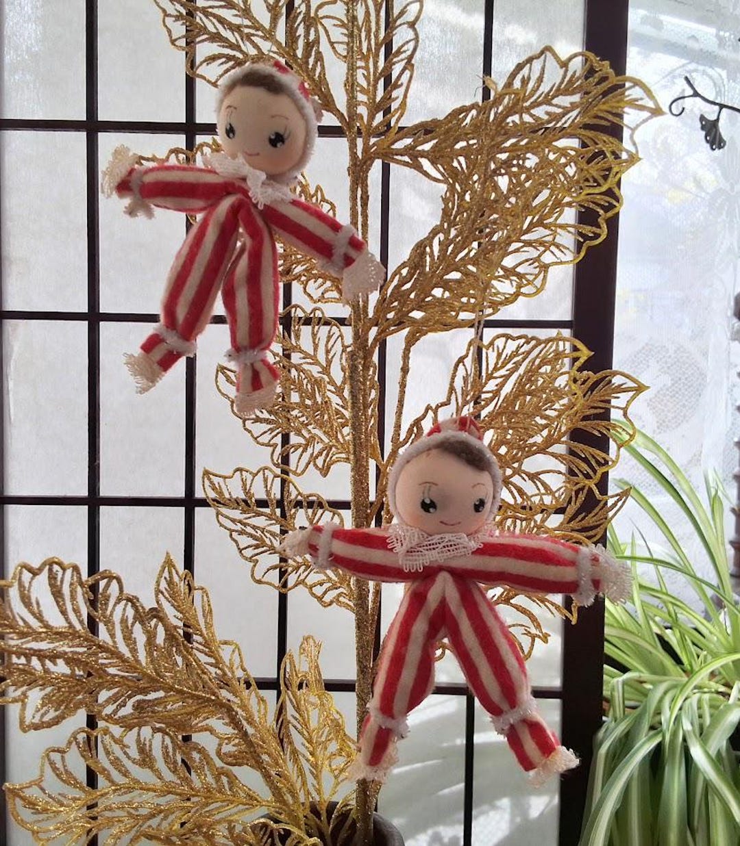 Vintage Japan Set of Two Cotton Spun Pipe Cleaner Elves Pixies Wearing ...