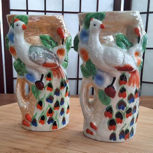 Vintage Pair of Japanese Lusterware Ceramic Peacock Wall Pockets Vases ...