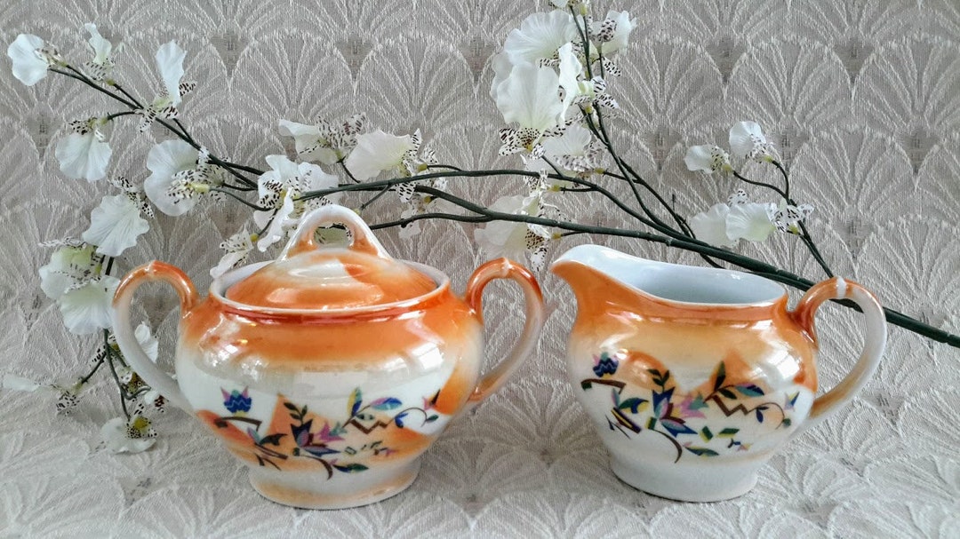Vintage Lusterware Ceramic Art Deco Sugar Bowl With Cover and Creamer ...