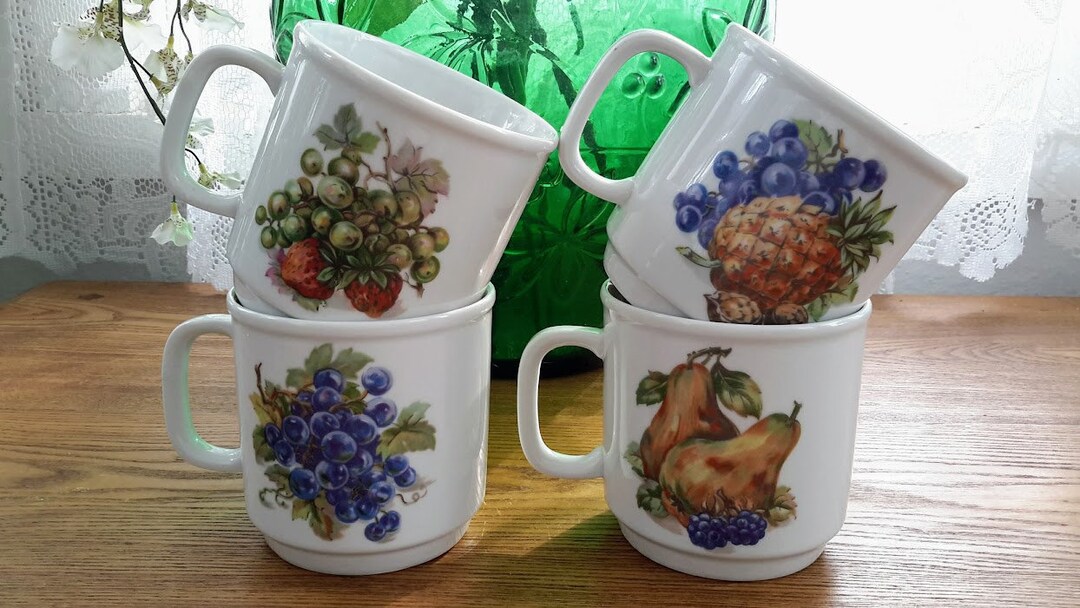 Vintage “kahla” Set of Four (4) White Porcelain Coffee Cups/mugs With Polychrome Fruits Design ...
