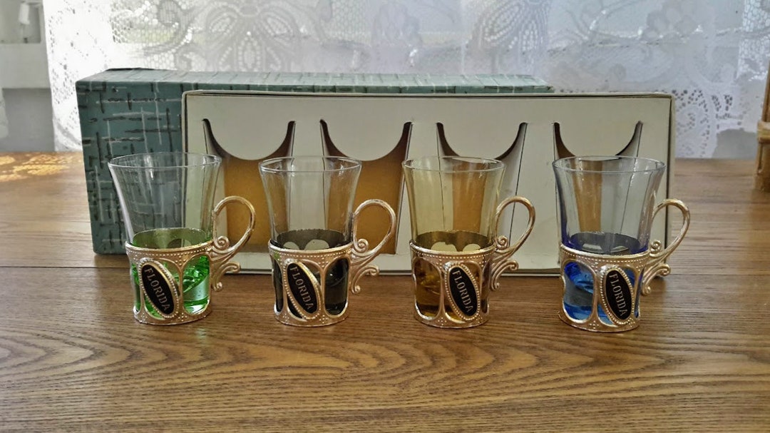 Mid-century Set of Four Osaka Glass Japan “florida” Souvenir Shot ...