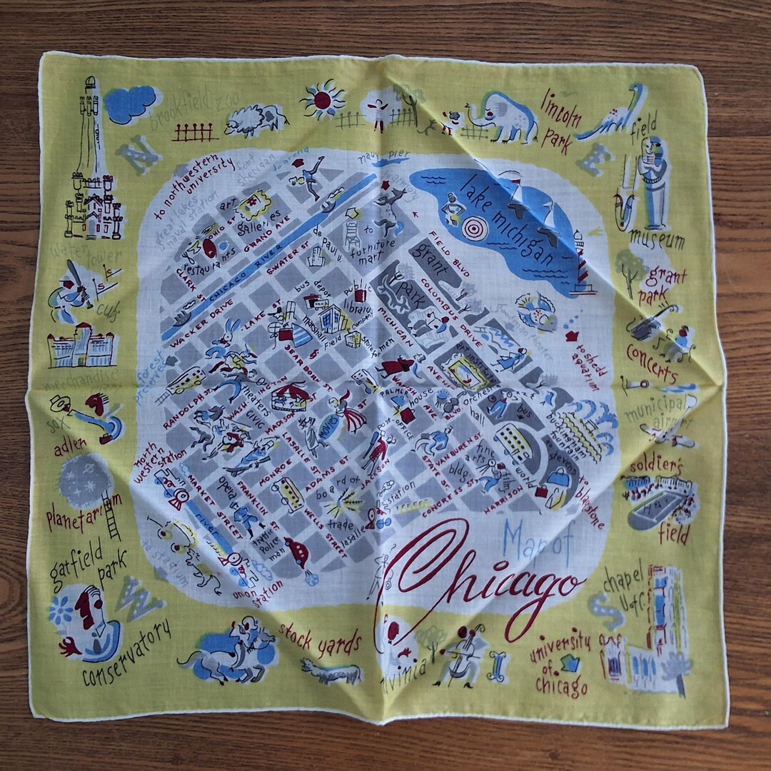 Vintage ''map of Chicago'' 1950s Souvenir Square Cotton Handkerchief ...