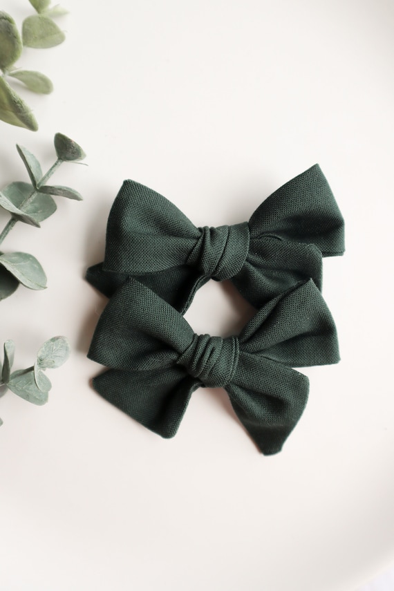 Forest Green Cotton Fabric Pigtail Bow Set Newborn Headband - Etsy
