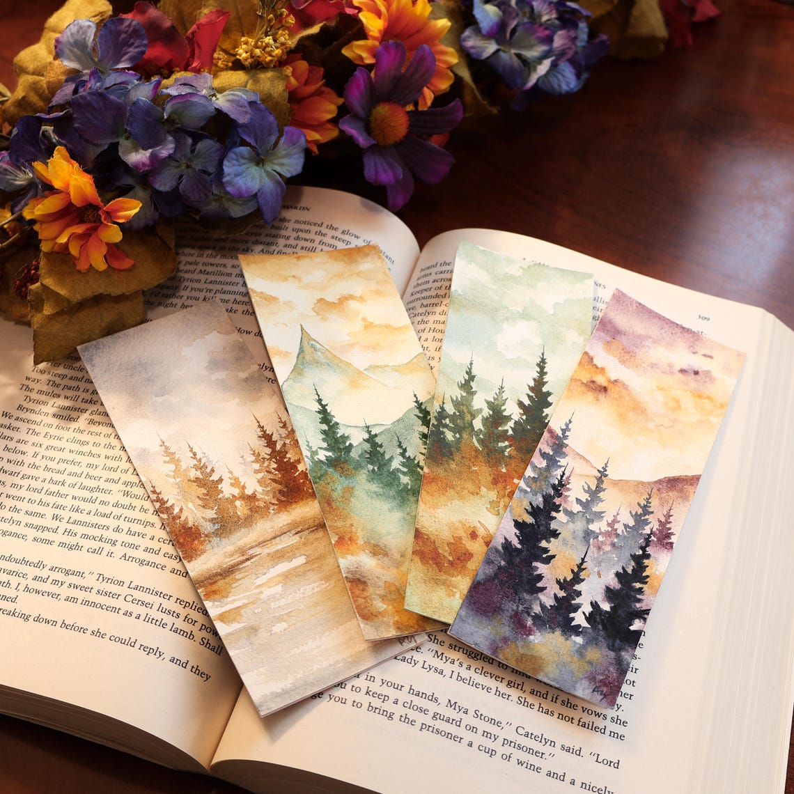 Original Hand Painted Watercolor Bookmark, Misty Forest Autumn Trees ...