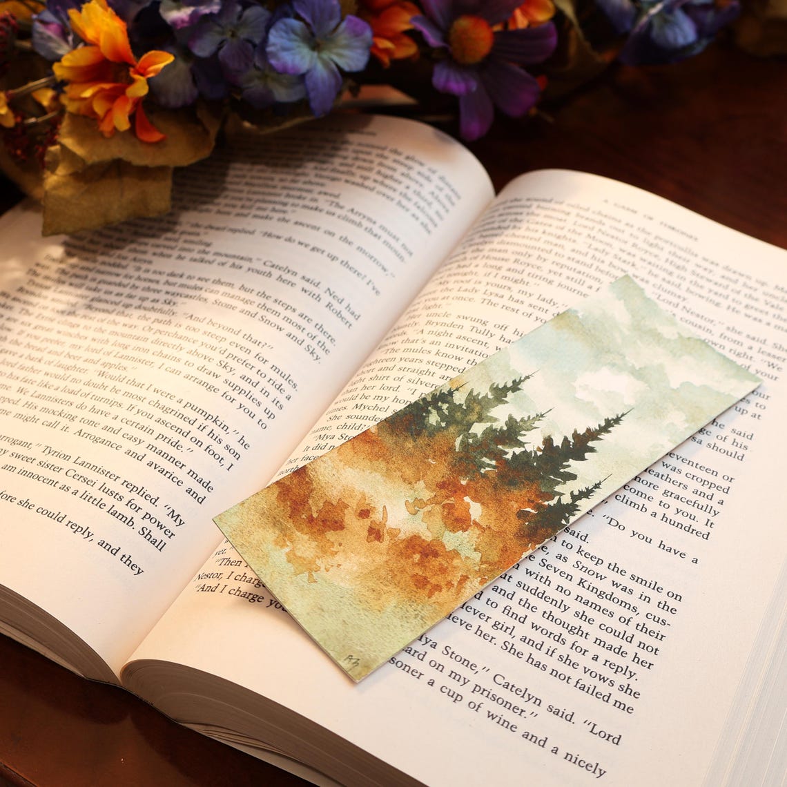Original Hand Painted Watercolor Bookmark, Misty Forest Autumn Trees ...