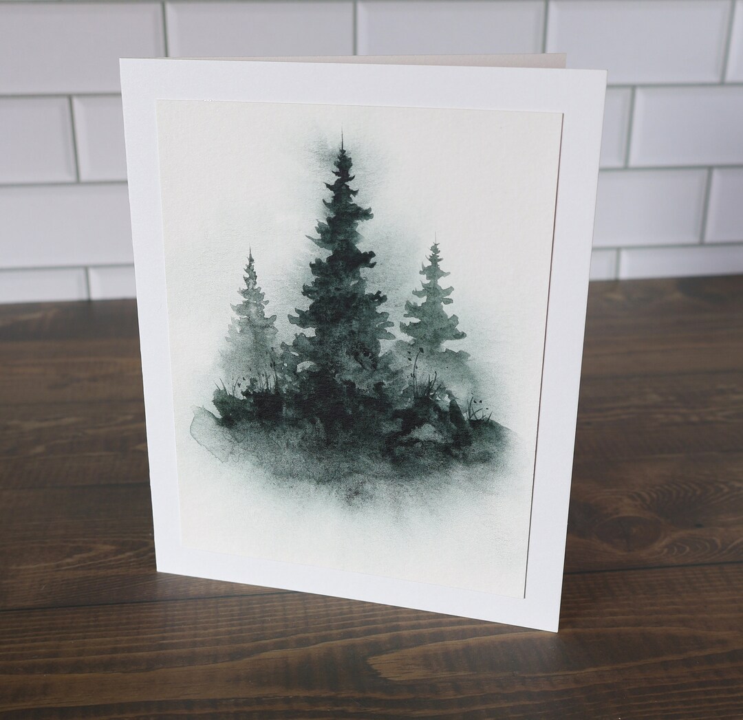 Deep Green Tree Original Hand Painted Greeting Card Handmade Watercolor ...