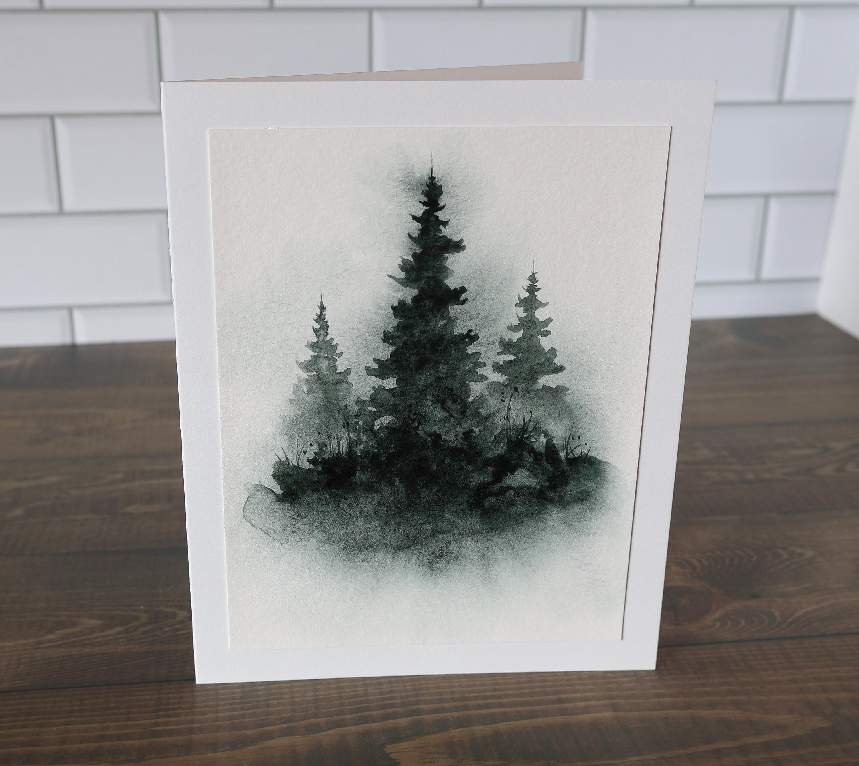 Deep Green Tree Original Hand Painted Greeting Card Handmade Watercolor ...
