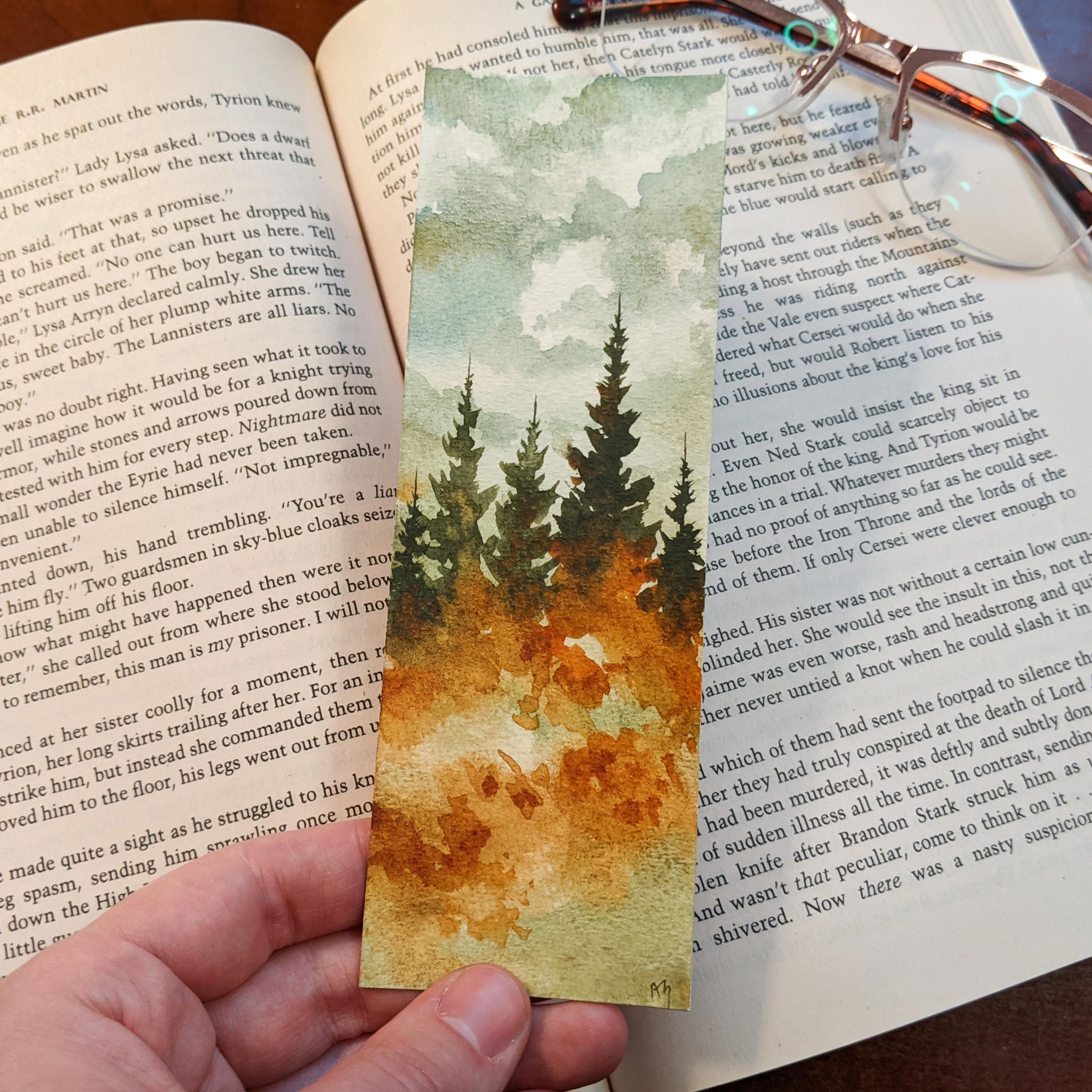 Original Hand Painted Watercolor Bookmark, Misty Forest Autumn Trees ...