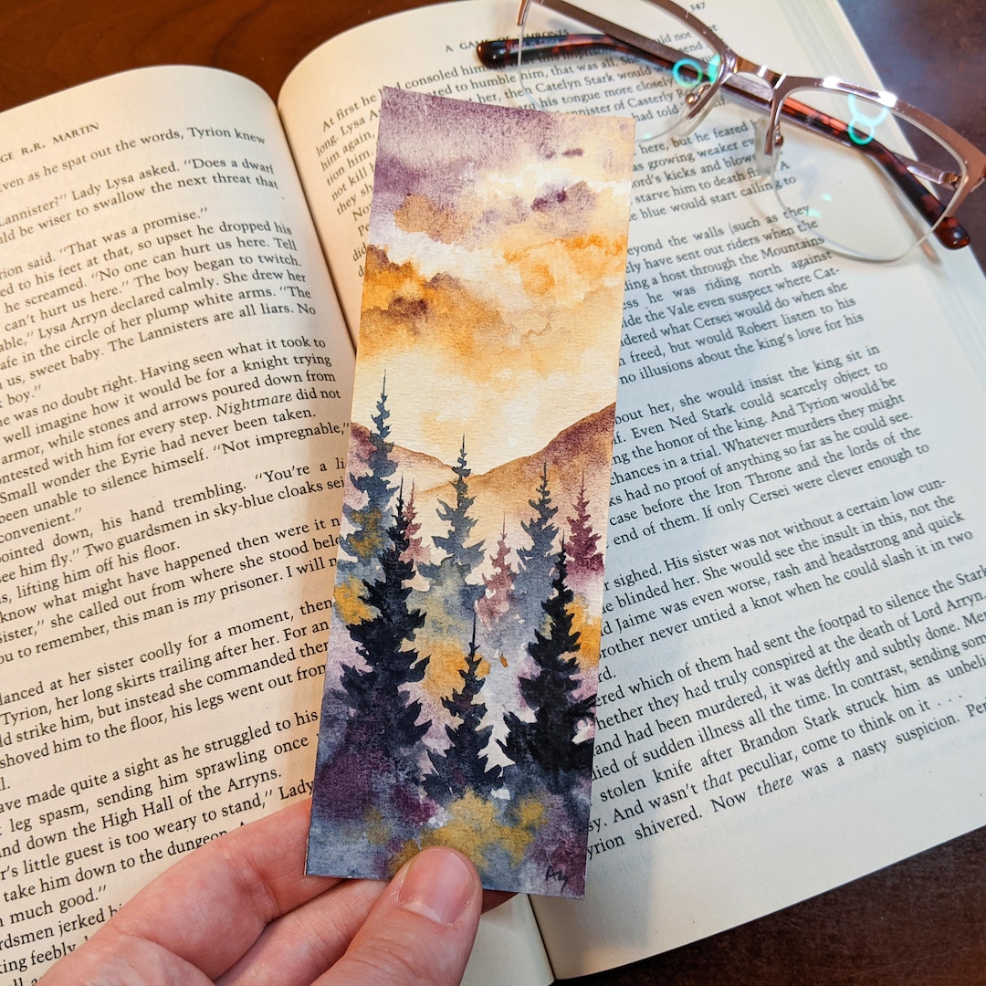 Original Hand Painted Watercolor Bookmark, Misty Forest Autumn Trees ...
