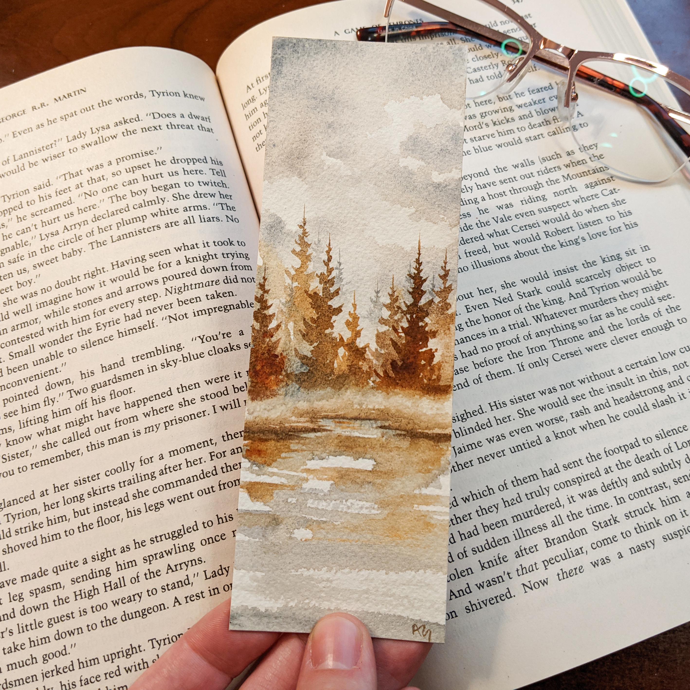 Original Hand Painted Watercolor Bookmark, Misty Forest Autumn Trees ...