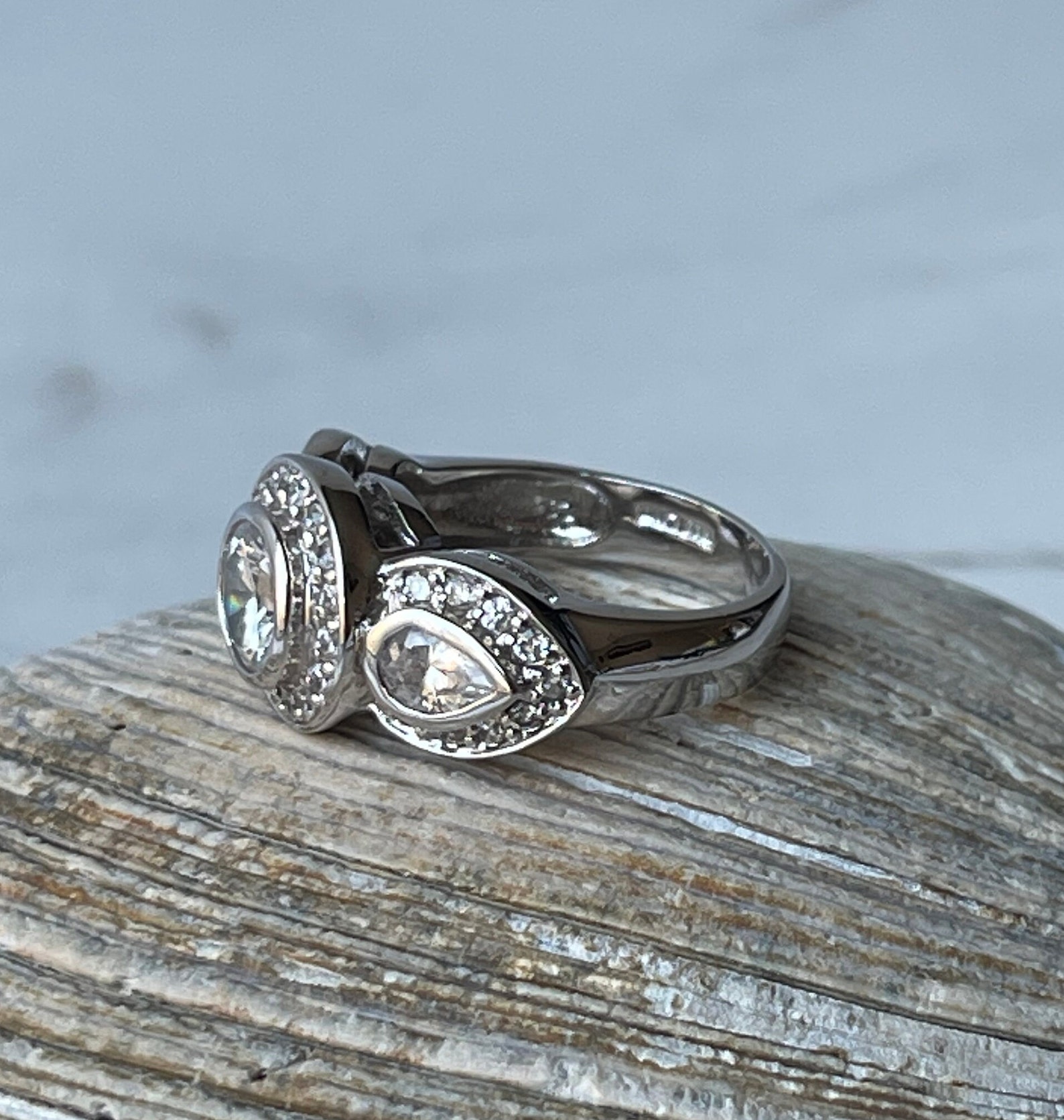 Vintage ADI 925 Sterling Silver Three Stone Halo Cubic Zirconia ...