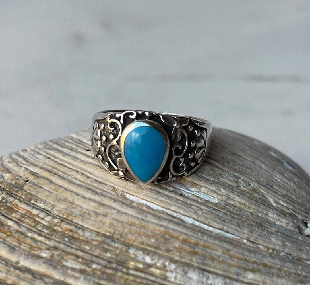 Vintage Signed JC Sterling Silver Pear Shape Blue Turquoise Ring - Etsy