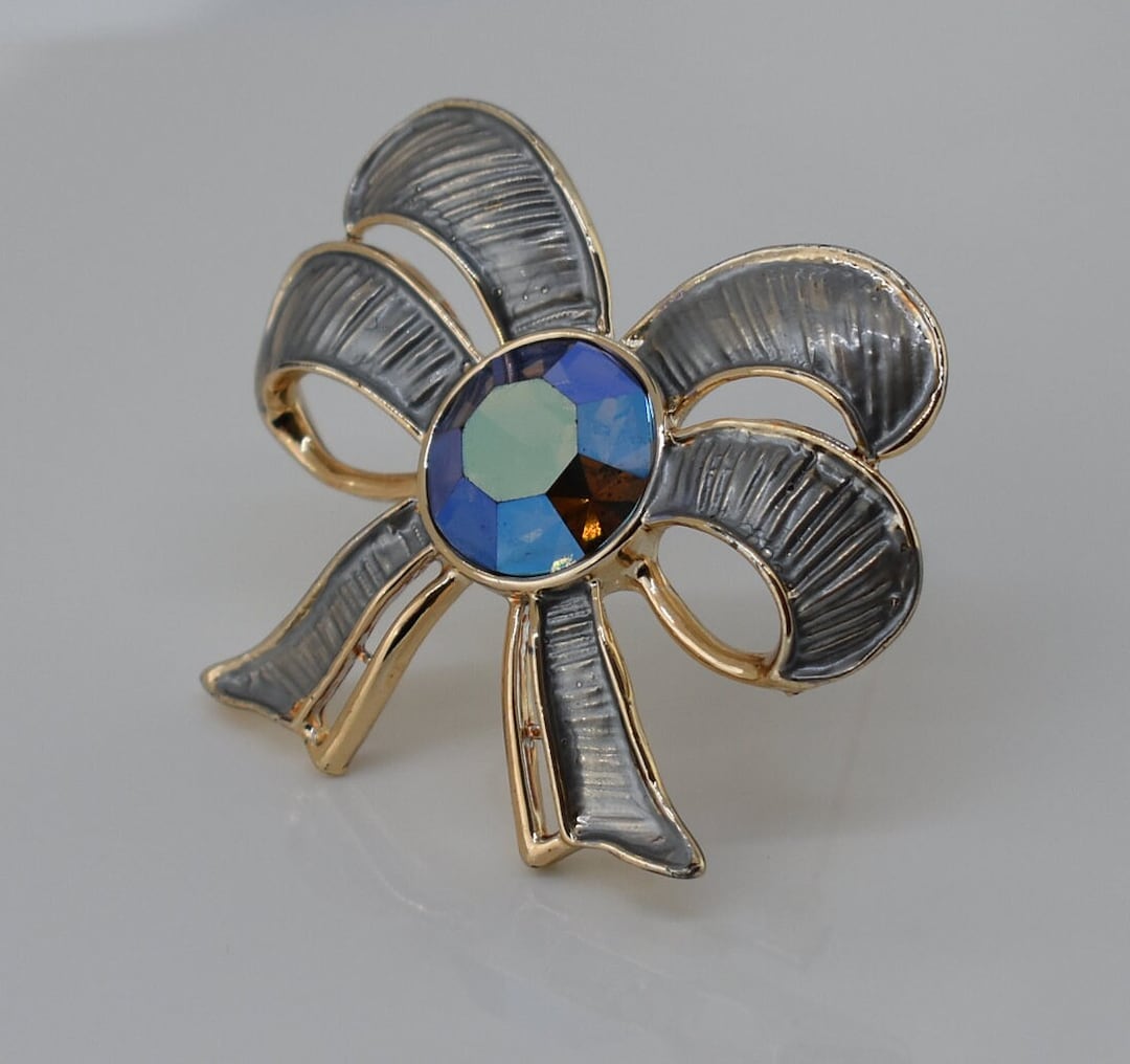 Vintage Pin Brooch Bow Design Gold Tone Enamel & Rhinestone - Etsy