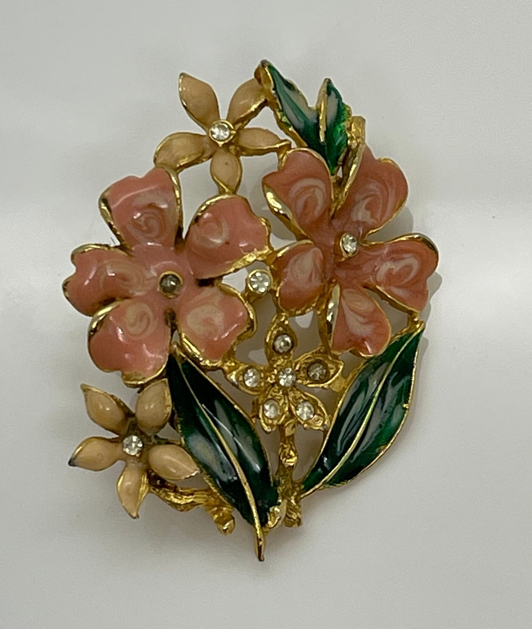 Vintage Lianna Lia Signed Enamel And Rhinestone Flowers Brooch Pin Etsy