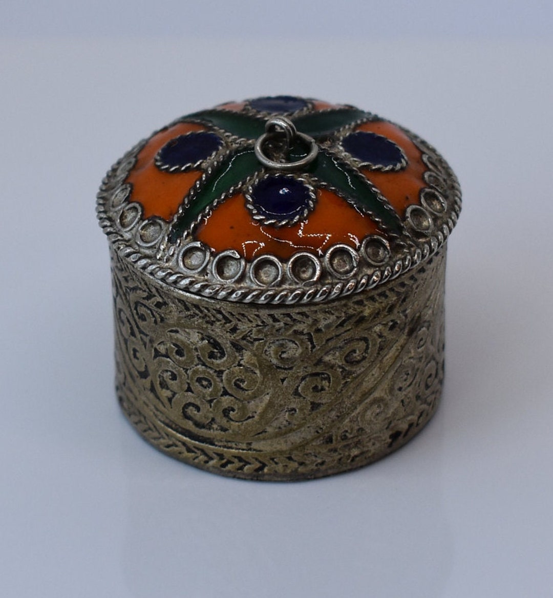 Vintage Embossed Metal Pill Box, Enameled Trinket Box With Lid - Etsy