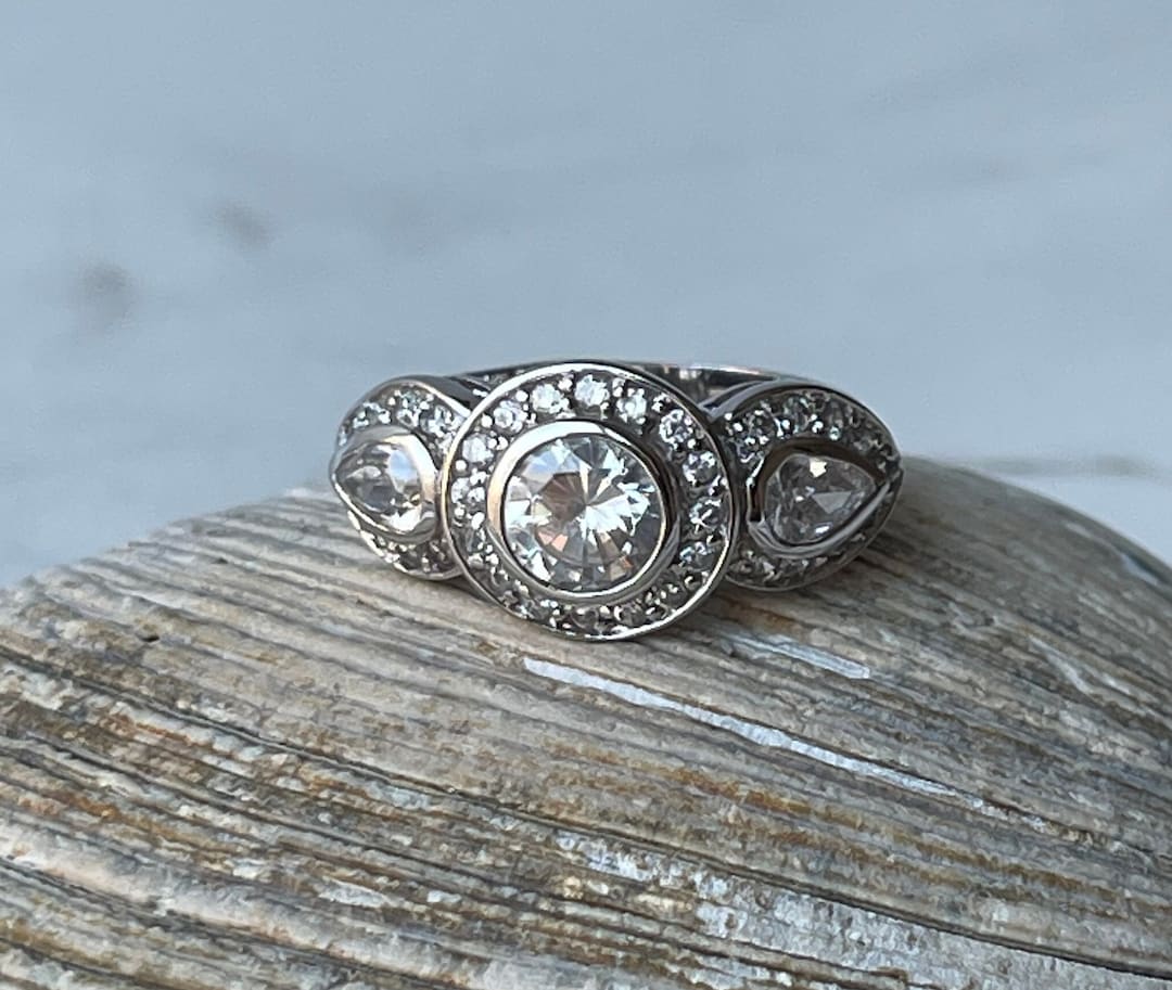 Vintage ADI 925 Sterling Silver Three Stone Halo Cubic Zirconia ...