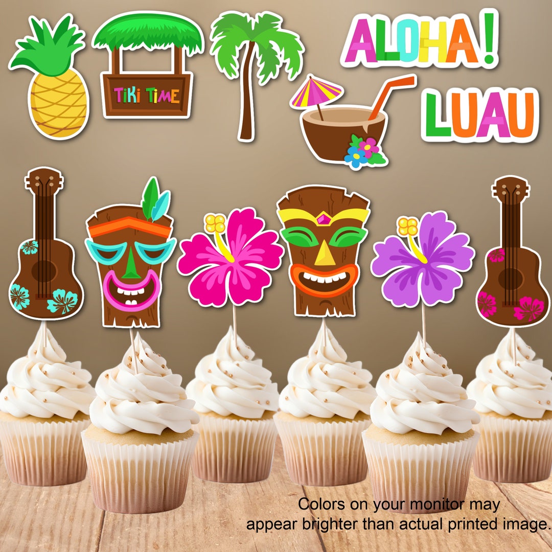 Hawaiian Cupcake Toppers, Luau Decorations, Tropical Hawaiin Birthday ...