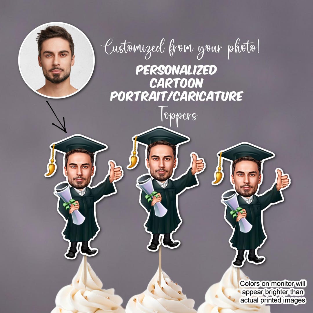 Custom Male Graduate Cartoon Portrait Caricature Cupcake Toppers ...