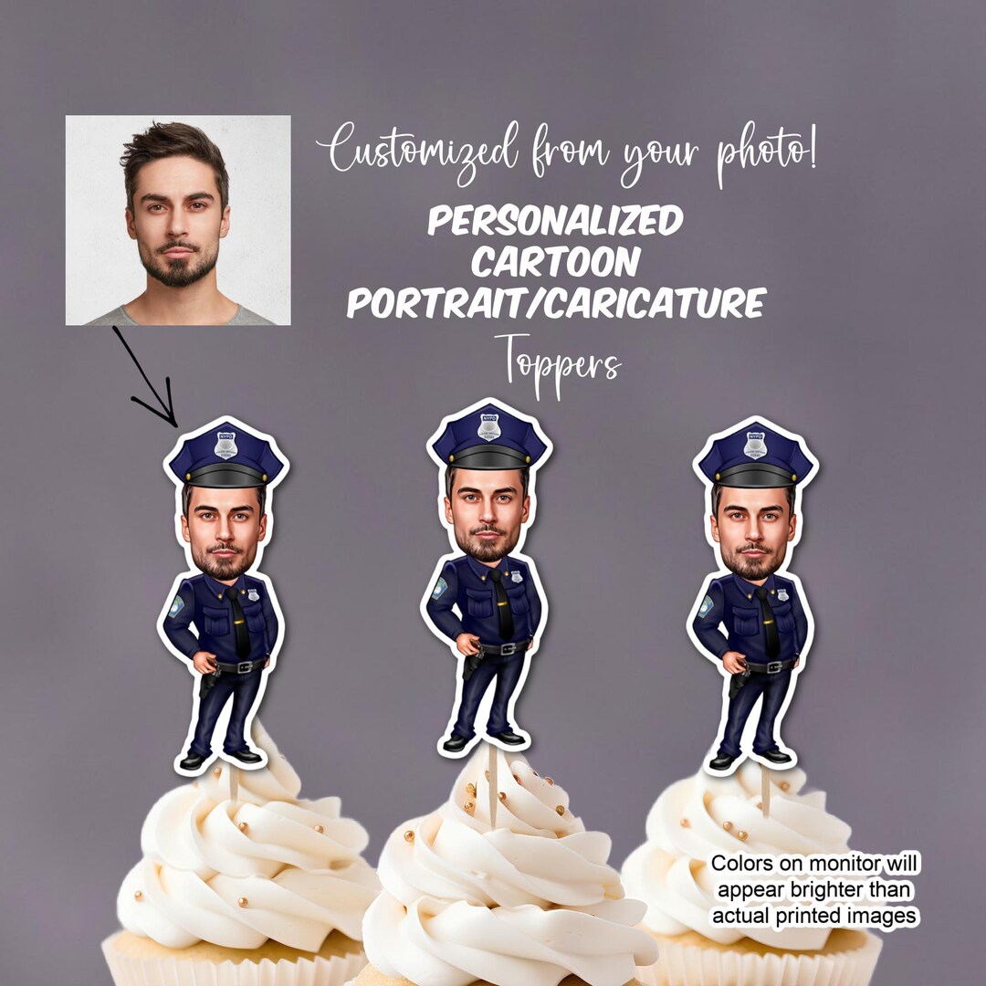 Custom Police Officer Cartoon Portrait Caricature Cupcake Toppers, Male ...