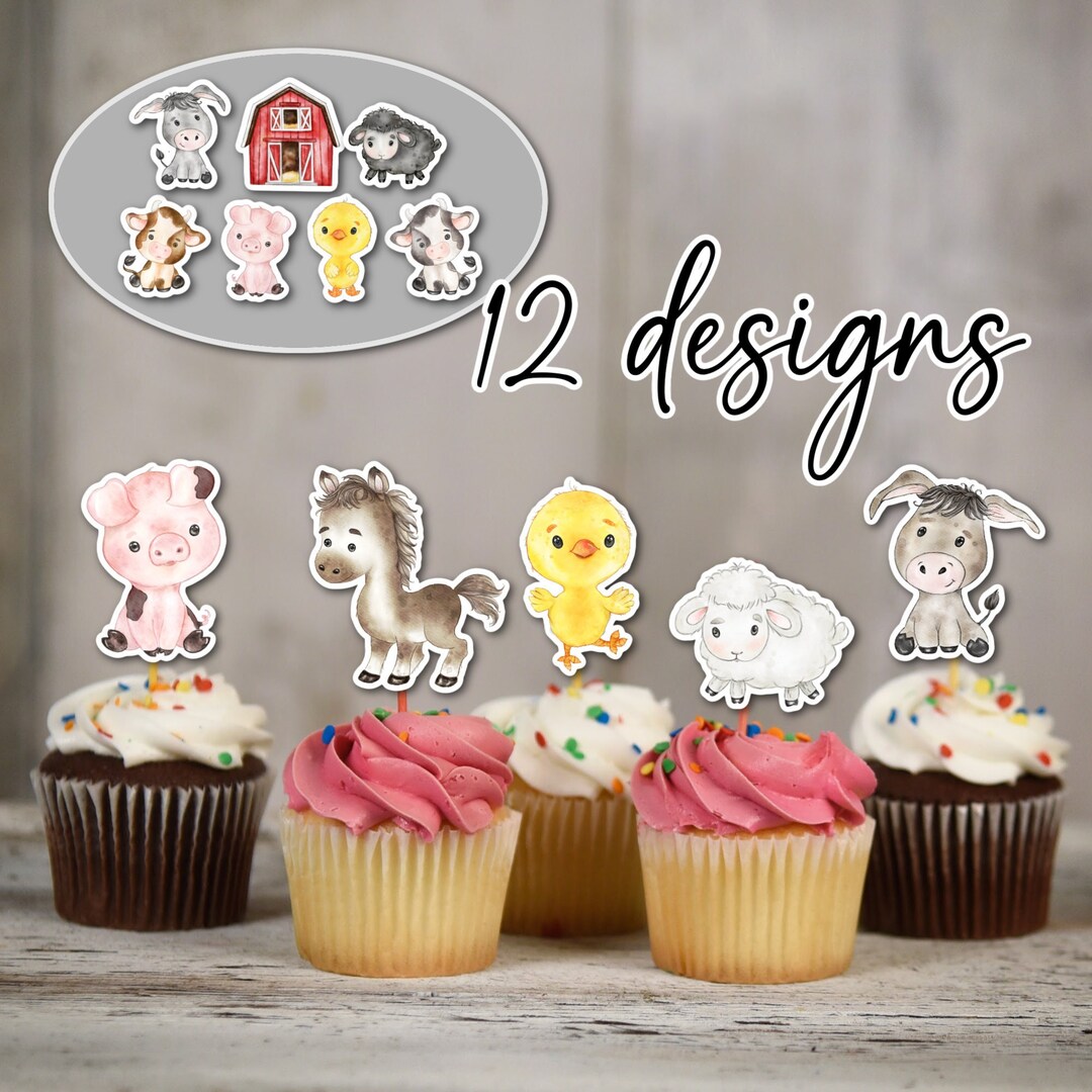 Farm Animals Cupcake Toppers: Barnyard Birthday Party Decor (set of 12 ...