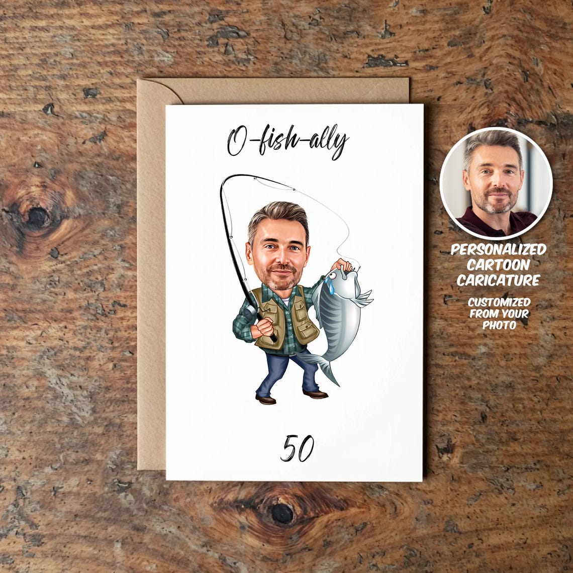 Custom Cartoon Caricature Birthday Card: Fishing Theme, (5x7" Folded ...
