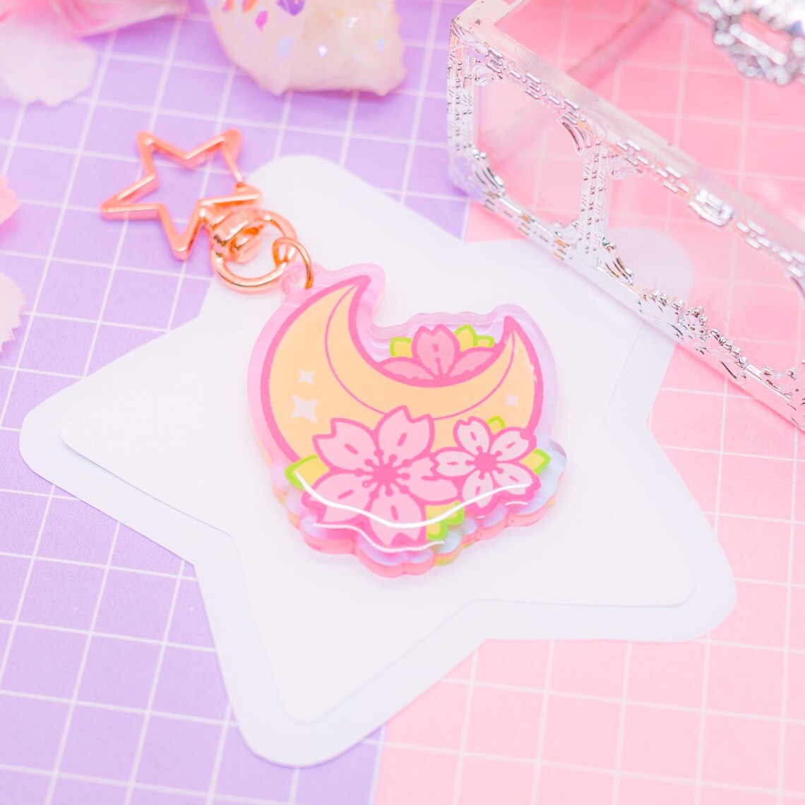 Sakura Moon Acrylic Keychain: Kawaii Cherry Blossom Charm With Star ...
