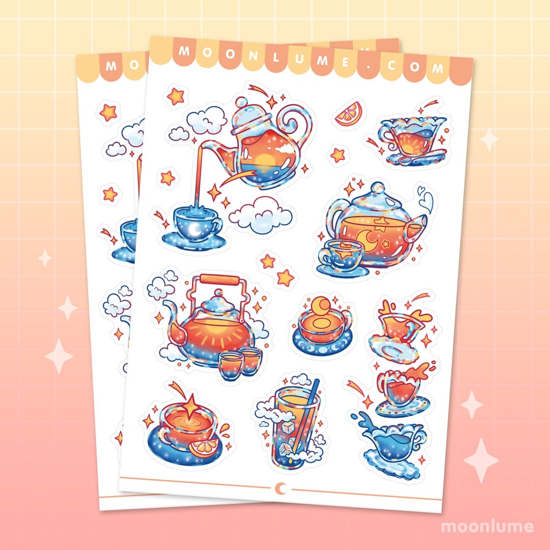 Sunset Tea Time Sticker Sheet - 13 Cute Matte Vinyl Waterproof Stickers, Eventide Stickers ...