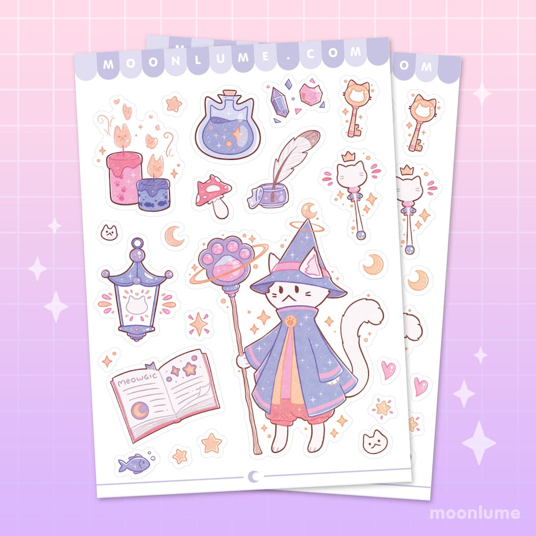 CAT WIZARD Sticker Sheet - 22 Cute Matte Vinyl Waterproof Stickers ...