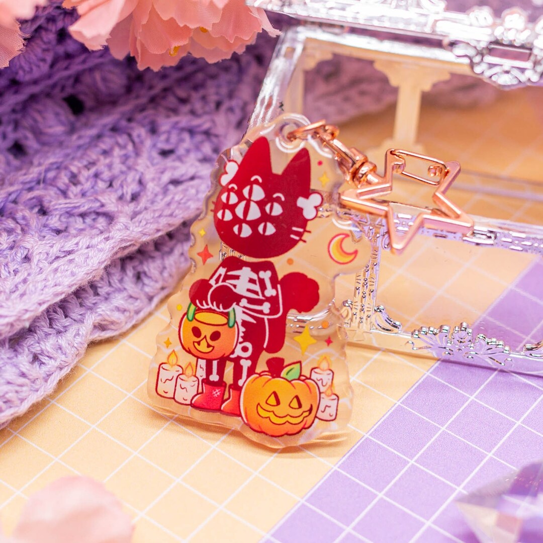 Skeleton Cat Acrylic Keychain - Kawaii Acrylic Charm, Cute Keychain ...