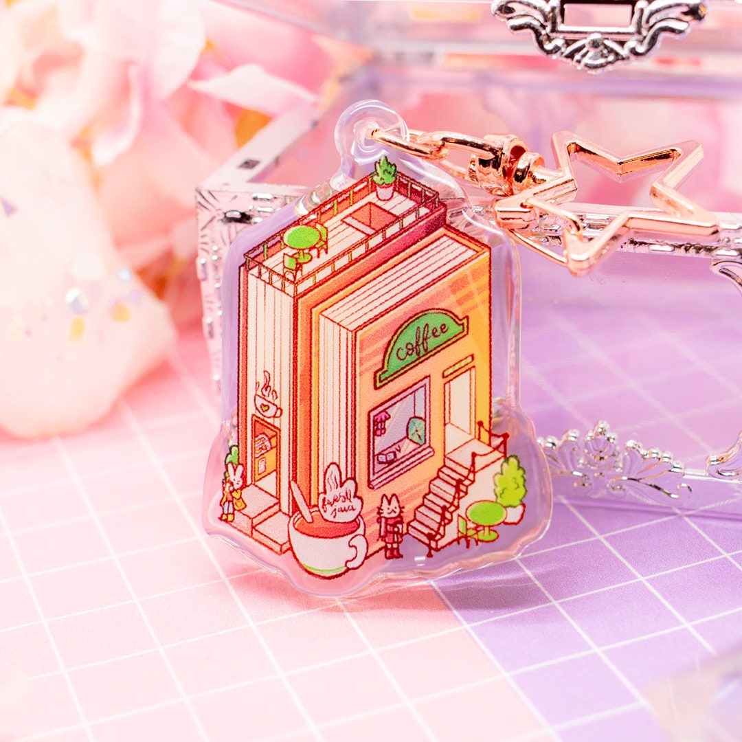 Book Cafe Acrylic Keychain - Cute Tiny Town Acrylic Keychain, Isometric ...