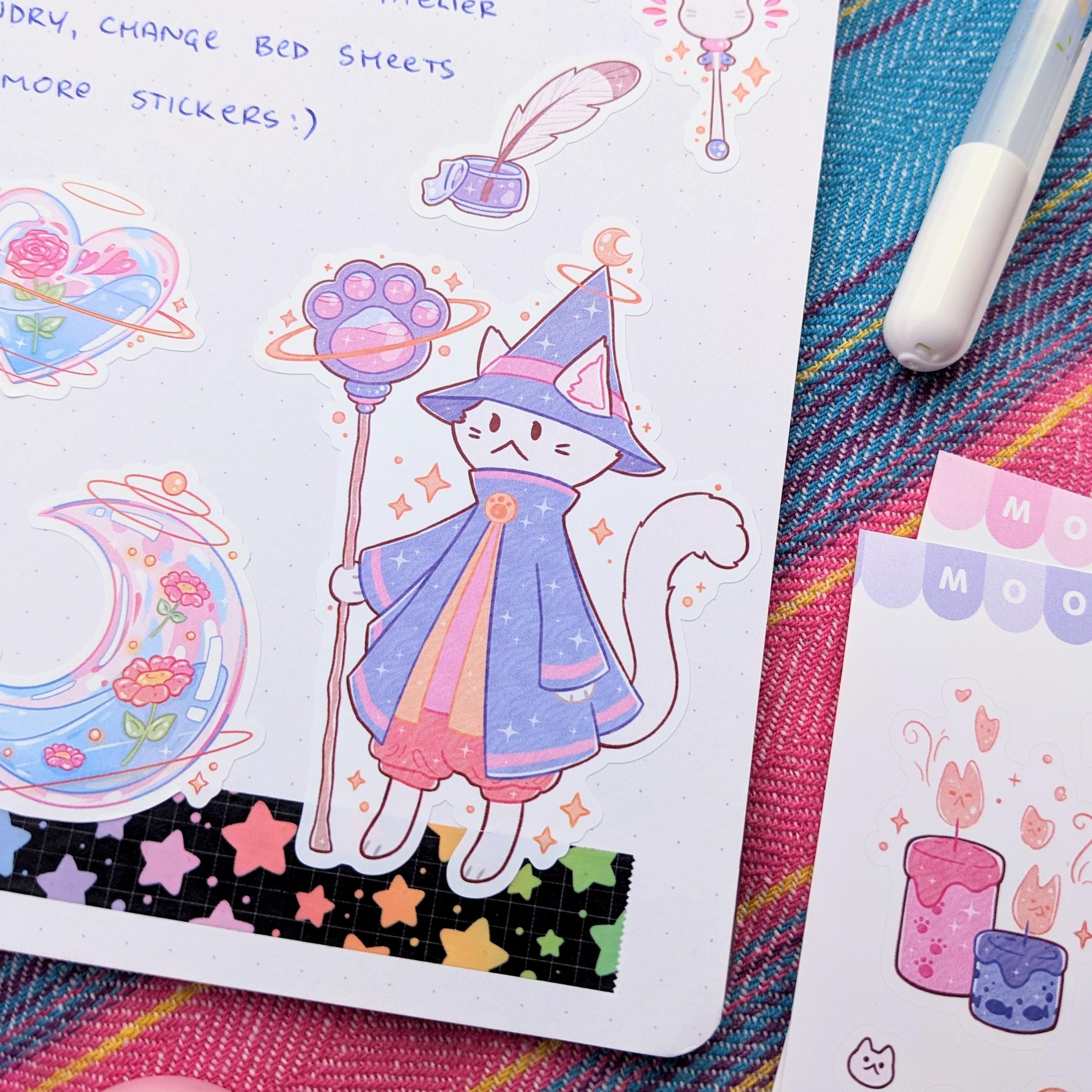 CAT WIZARD Sticker Sheet - 22 Cute Matte Vinyl Waterproof Stickers ...