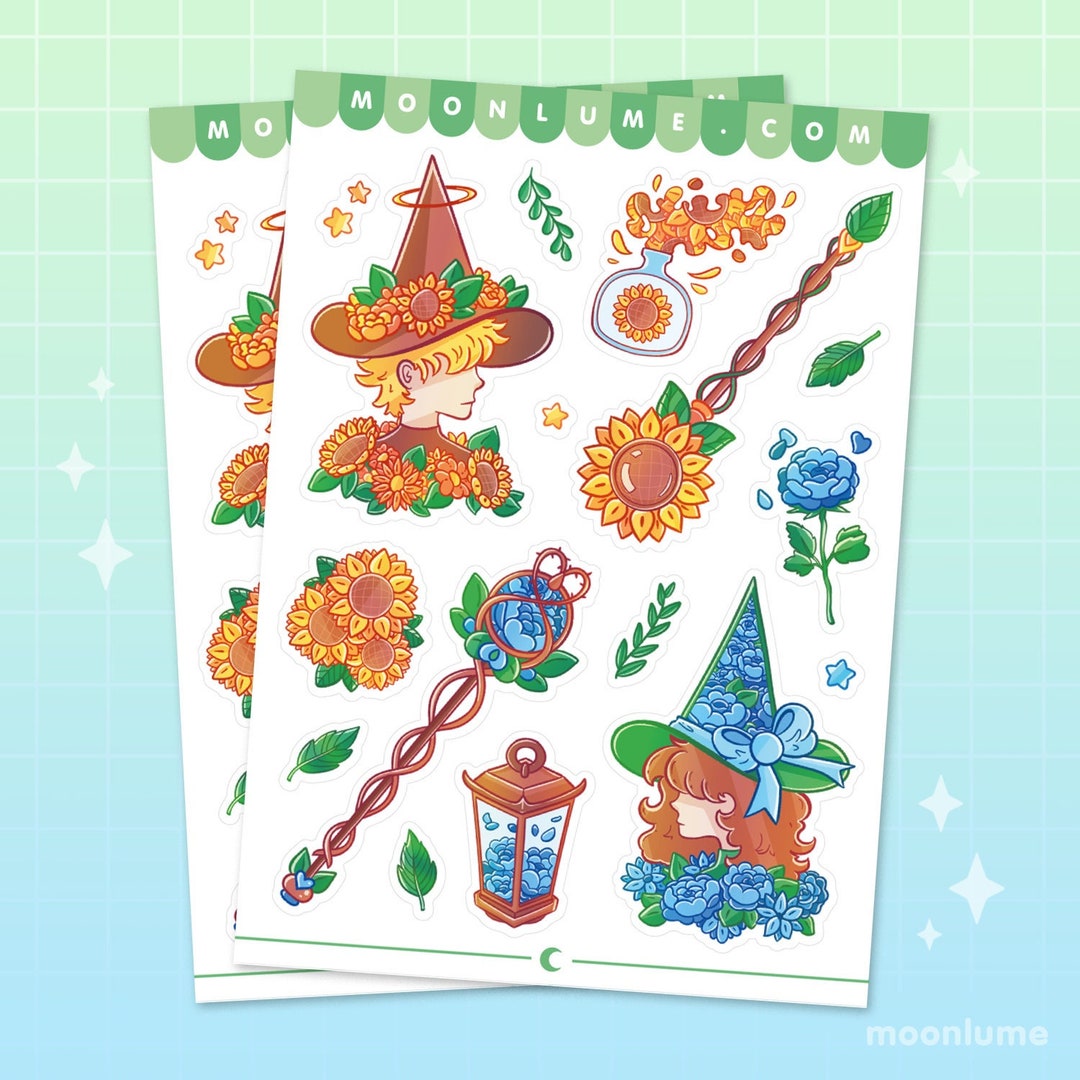 Flower Mage Sticker Sheet Blue Rose Witch and Sunflower Wizard Vinyl ...