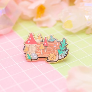 Mushroom Log Enamel Pin - Cute Snail Forest Lapel Pin, Kawaii Enamel ...