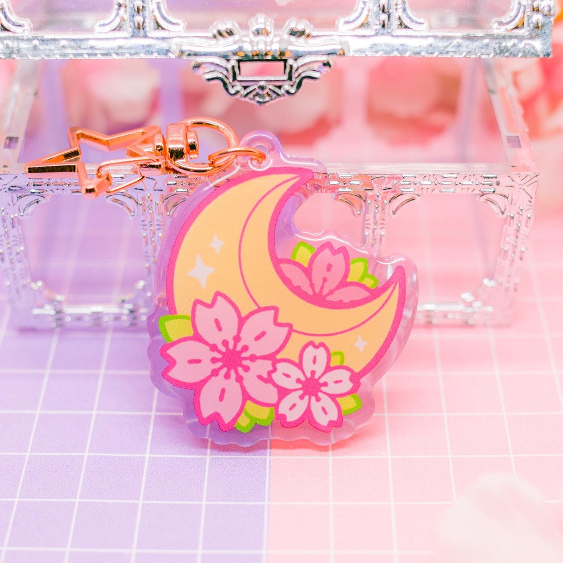 Sakura Moon Acrylic Keychain: Kawaii Cherry Blossom Charm With Star ...