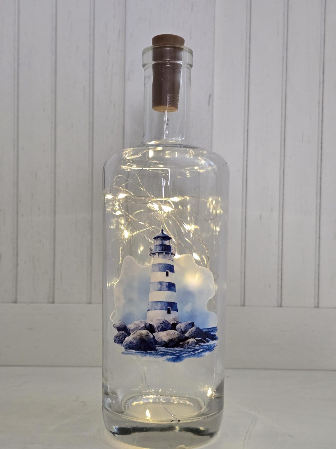 Blue Striped Lighthouse Bottle Light: Coastal Nautical Decor - Etsy