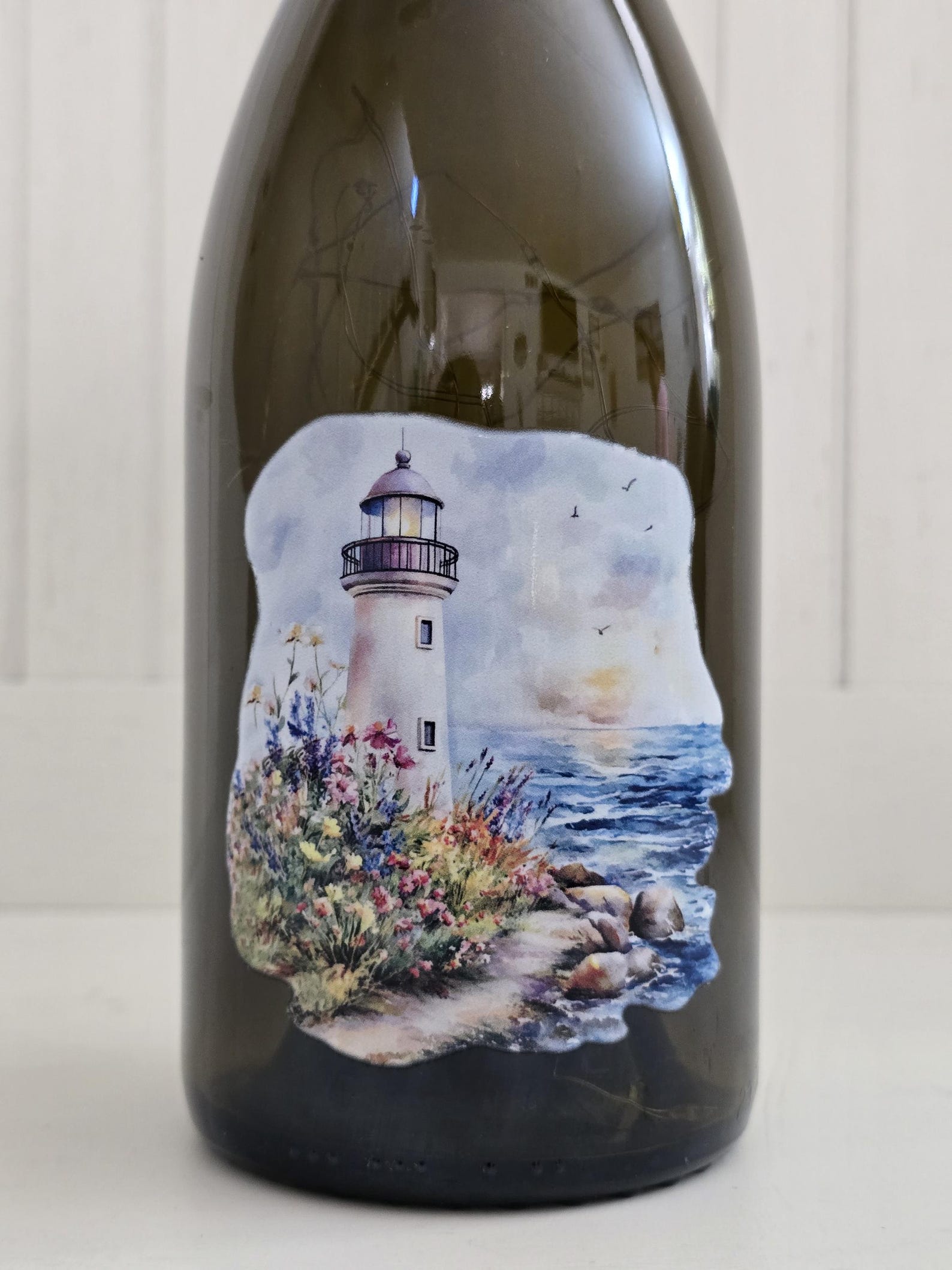 Sunset Lighthouse Wine Bottle Light – Coastal Wildflower Decor – Beach ...