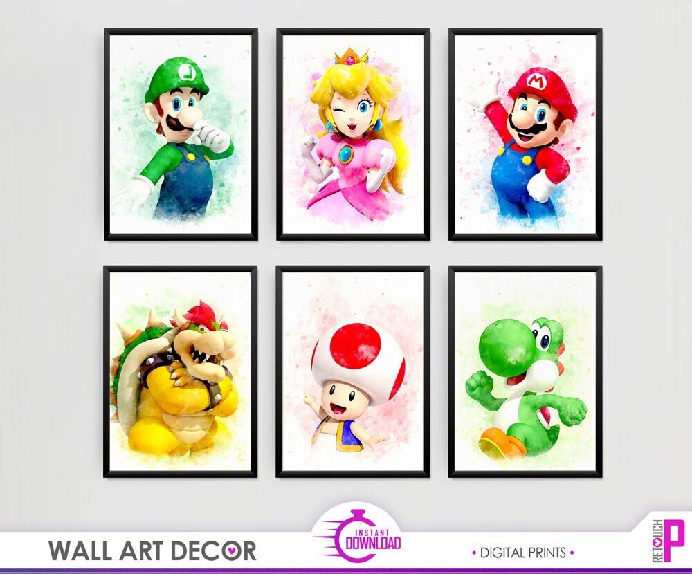 Super Mario Wall Art Bedroom Decor Set 6 Watercolor Art Prints ...