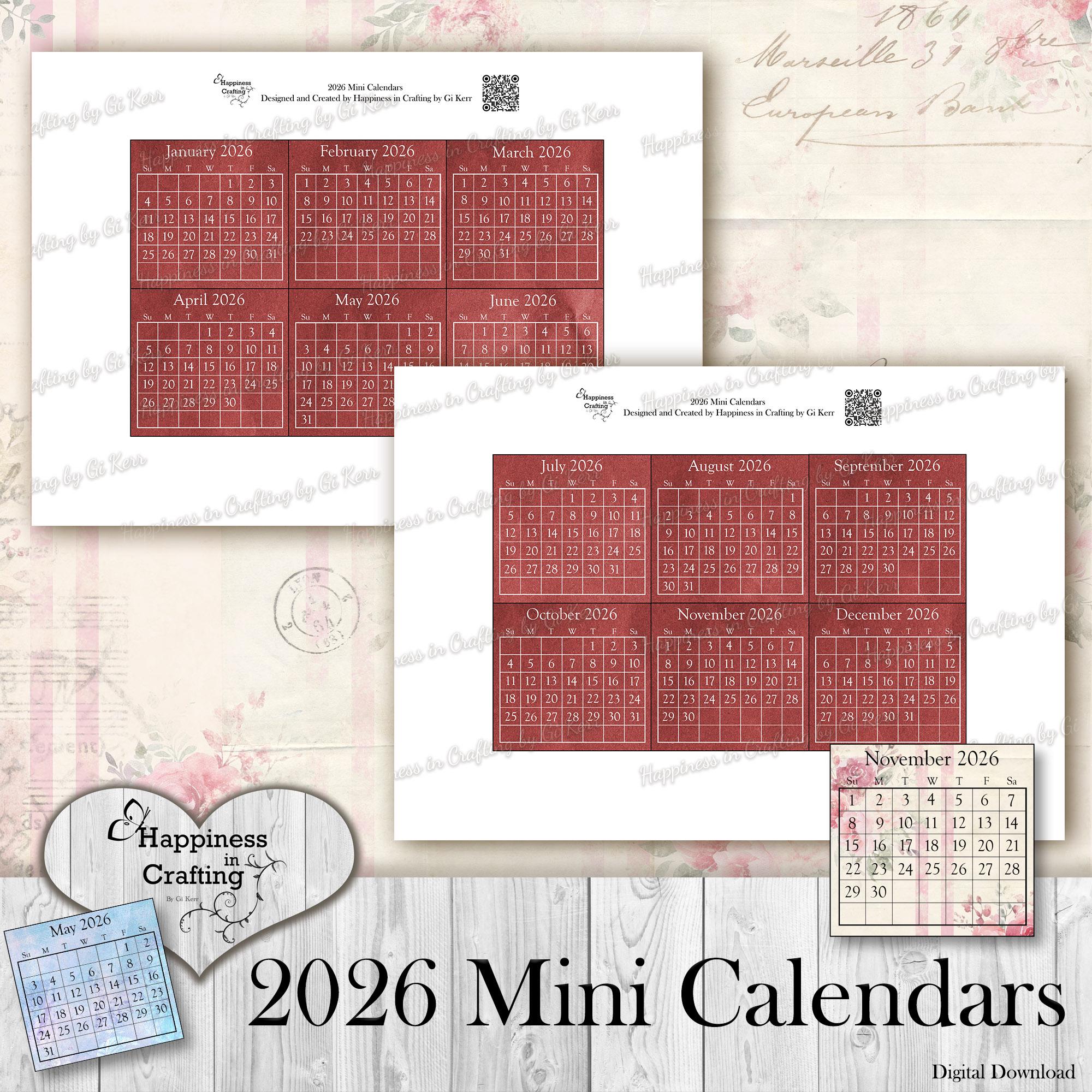 2026 Mini Calendars - Instant Digital Download, Printable, Digital Kit ...