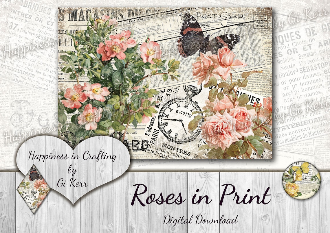 Roses in Print - Instant Digital Download, Digital Printable for Junk ...