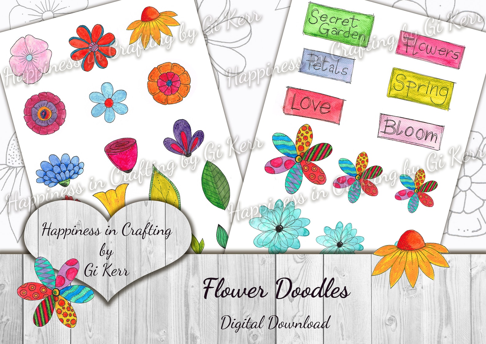 Flower Doodles - Instant Digital Download, Printable, Digital Kit for ...