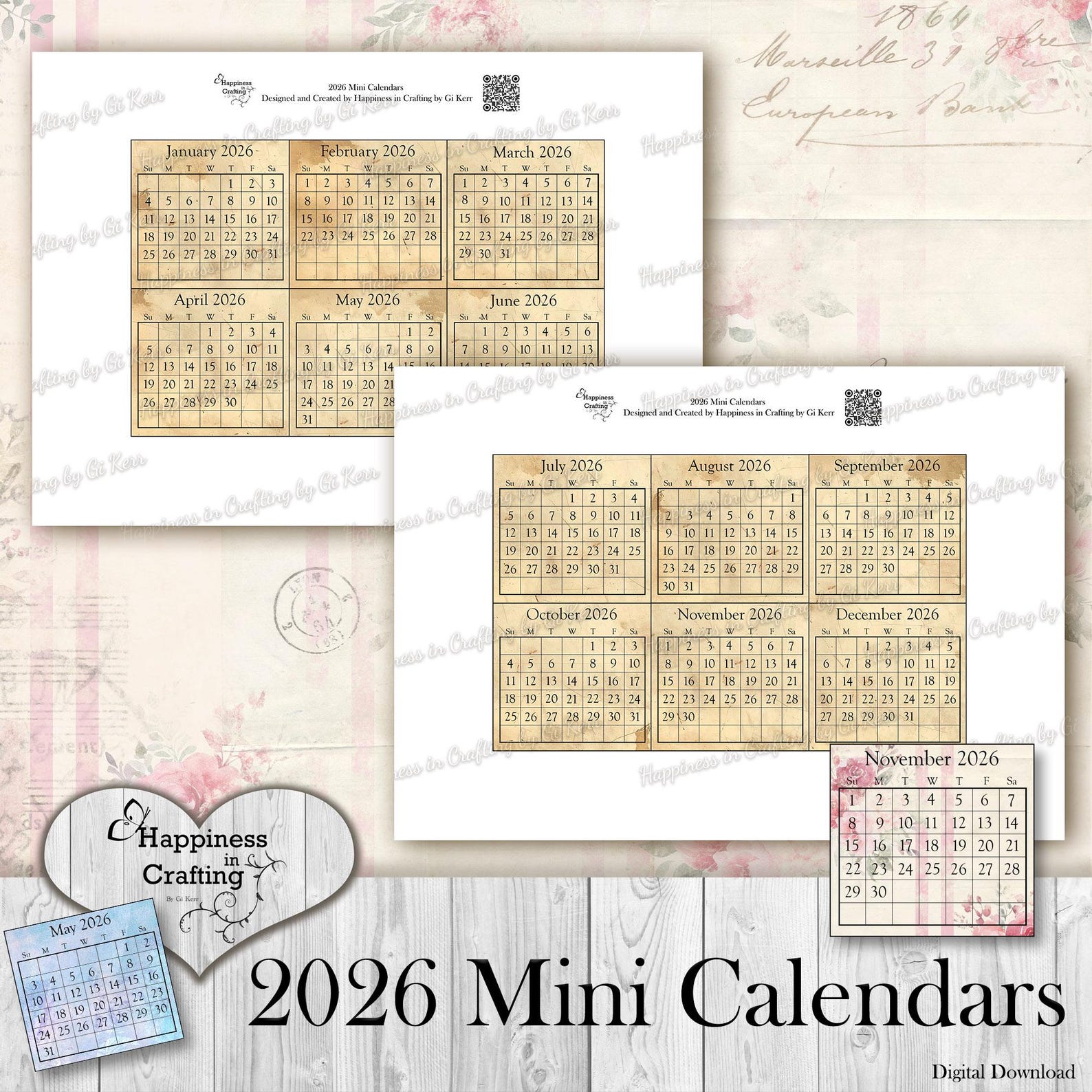 2026 Mini Calendars - Instant Digital Download, Printable, Digital Kit ...